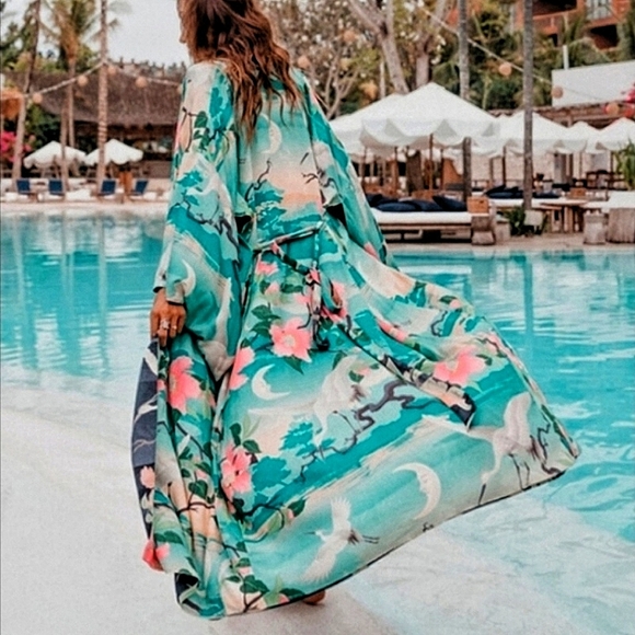 Dresses | New Boho Vintage Floral Print Kimono Maxi Duster Jacket Robe ...